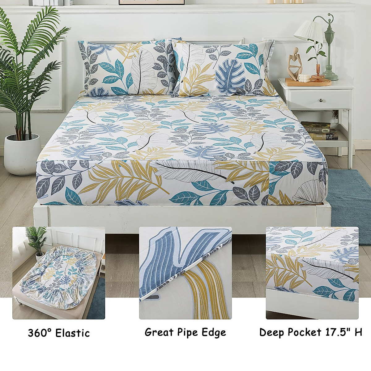 Lemfux Twin Sheet Sets 4Pcs,100% Cotton Palm Leaf Print Plant Luxury White Bed Sheet Sets, Deep Pocket Fitted Sheet Set, Ultra Soft Flat Sheet Set for All-Season Bed Sheets Twin