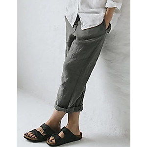 Gihuo Women's Linen Pants Casual Straight Pants Elastic Waist Capri Palazzo Pants Trousers with Pockets(Grey-XL)