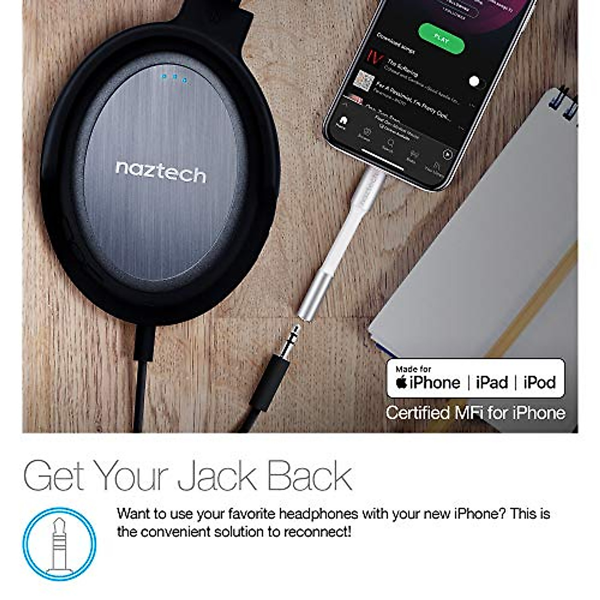 Naztech [MFi Certified] Lightning to 3.5mm Audio Adapter, for Plug & Play Convenience, Connect Your Headphone, Speakers, Car Stereo's to Your iPhone [White] 14647