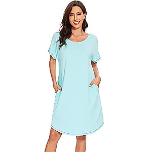 WiWi Bamboo Nightgowns for Women Soft Short Sleeve Night Gowns Summer Sleep Shirt Sleepwear Dress with Pockets S-XXL, Aqua, Small