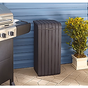 Keter Copenhagen 32 Gallon Resin Large Trash Can with Lid for Patio and Outdoor Kitchen, Brown