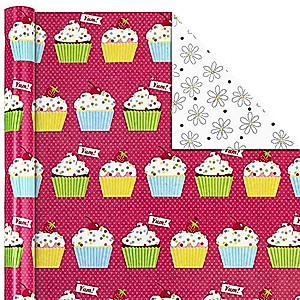 Hallmark Reversible Wrapping Paper Bundle (3 Rolls - 75 sq. ft. ttl: "Happy Birthday," Cupcakes, Stripes, Flowers, Polka Dots) in Yellow, Pink, Teal Blue, Black and White for Baby, Bridal, Birthdays