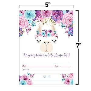 Whole Llama Fun Watercolor Floral Llama Face Birthday Party Invitations, 20 5x7 Fill In Cards with Twenty White Envelopes by AmandaCreation