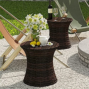 Sundale Outdoor Small Side Table Patio Rattan End Table 20 Inch Hourglass Wicker Accent Tables Steel Frame Lightweight Brown Mesa Auxiliar pequeña Mesa Auxiliar de ratán marrón