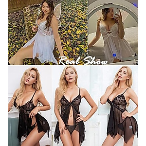 KEMIYA Lingerie for Women Lace Babydoll Sleepwear Boudoir Outfits V Neck Sleepwear Strap Chemise Black X-Large