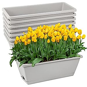 8pcs Window Box Planter, 17 Inches Flower Window Boxes, Rectangle Planters Box with Drainage Holes and Trays, Plastic Vegetable Planters for Windowsill Patio Garden Home Decor Porch Yard (Grey)