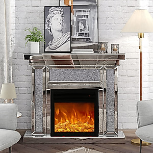 AUWHALEUS Mirrored Electric Fireplace with Remote Control and Mantel, Faux Diamonds Decor Freestanding Fireplace, Adjustable 3D Flame Effect Heater Firebox for Living Room, Silver