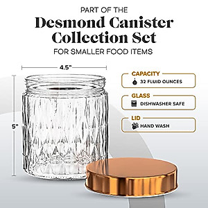 Amici Home Desmond Glass Canister | Dry Food Storage Container with Airtight Copper Lid | Clear Glass Jar for Kitchen & Pantry Organization | Small, 32 Oz