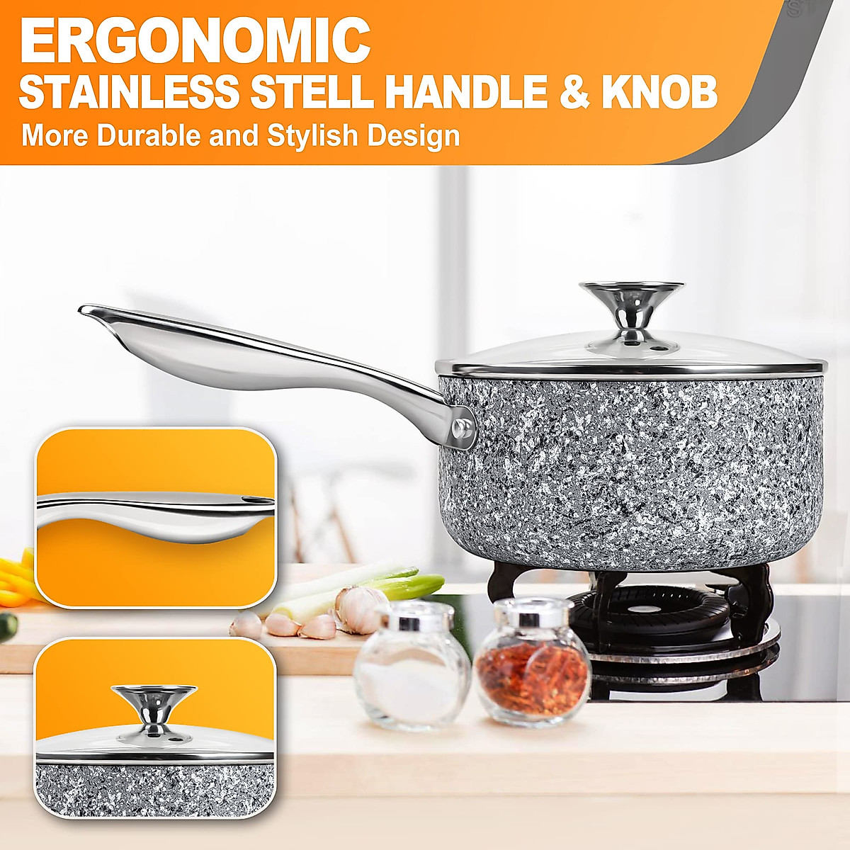 MICHELANGELO Saucepan with Lid 3 Qaurt, Ultra Nonstick Sauce Pan with Non toxic Stone-Derived Coating, Sauce Pot & Saucepan Set with Lid 1 Quart & 2 Quart