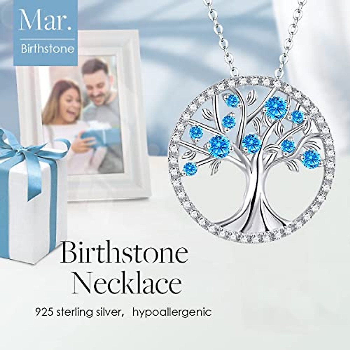 March Sterling Silver Birthstone Life Tree Necklaces S925 Birthday Necklace for Women Girls Mom Wife Daughter Grandma Necklace Valentines Mother