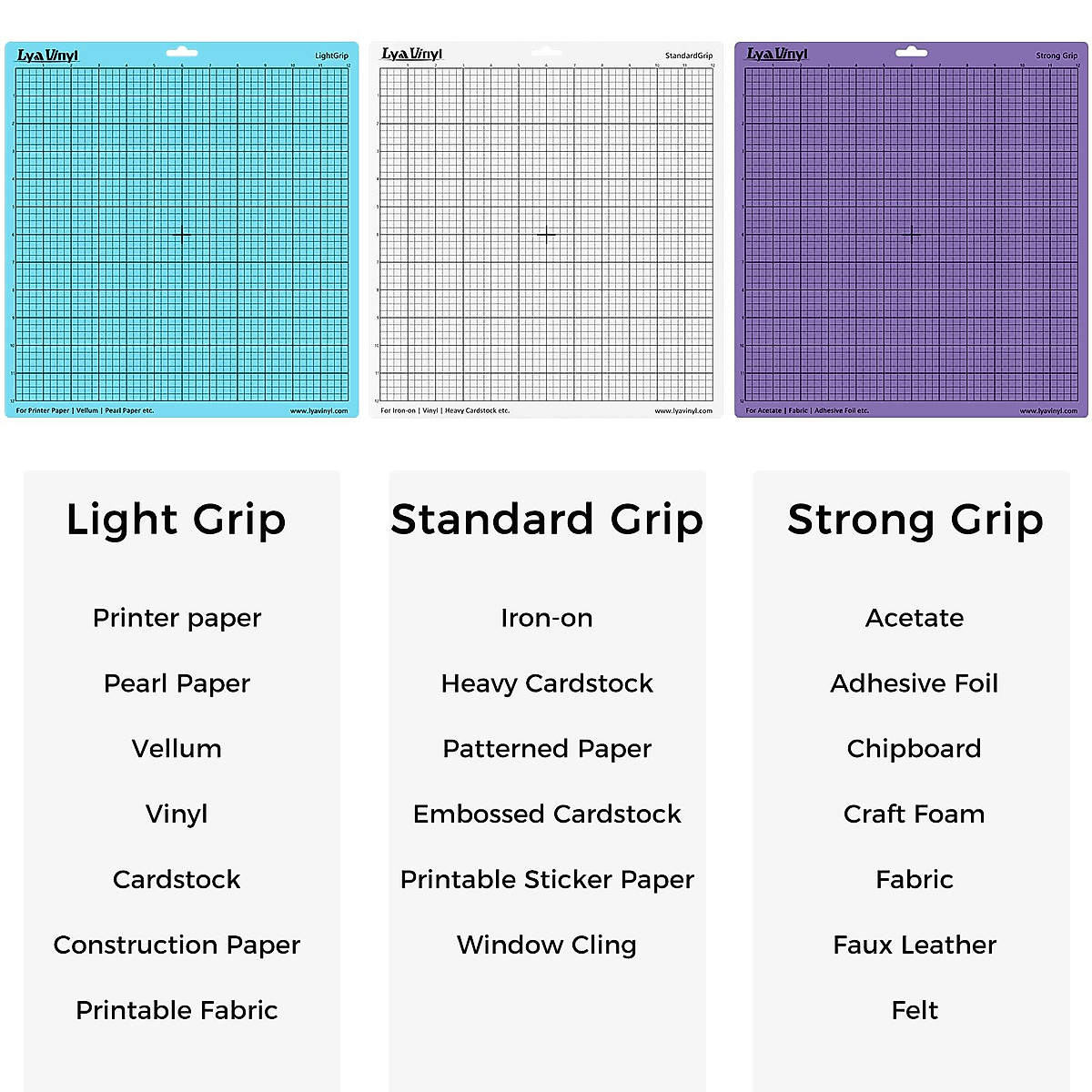 Cutting Mats for Silhouette Cameo 4/3/2/1 - Lya Vinyl 6 Pack 12X12 inch Variety Adhesive Sticky Quilting Cutting Mats Replacement for Silhouette Cameo Accessories (StandardGrip, LightGrip, StrongGrip)