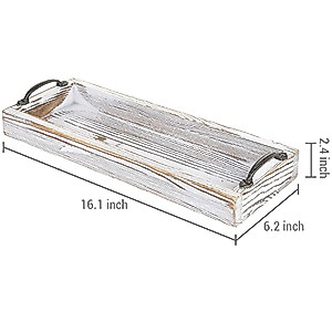 MyGift Weathered White Solid Wood Toilet Tank Tray, 16 Inch Rectangular Bathroom Vanity Tray with Aged Bronze Metal Handles