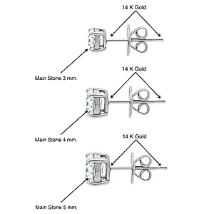 Michael Zweig 14K Solid Gold Posts 925 Sterling Silver Stud Earrings 3pc Set Cubic Zirconia 3.0mm, 4.0mm, 5.0mm, Diamond Carat Weight, 1.75 cttw