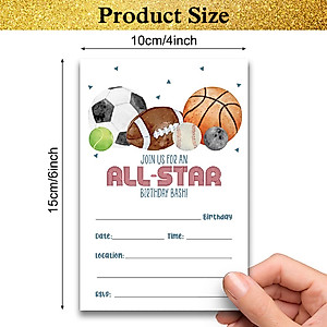 Haizct Join Us For An All-star Party Invitations Cards with Envelopes (15 Count) for Adult Teens, Funny Watercolor Balls Birthday Party Football Soccer Basketball Party Invites