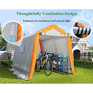 AMERLIFE 6x8x6.6 FT Heavy Duty Portable Shed Storage Shelter, Outdoor Storage Shed with 2 Waterproof Windows & Roll-up Zipper Door, Carport for Motorcycle, Bike, Grey