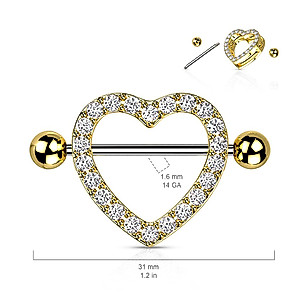 Pierced Owl 14GA Stainless Steel Gem Paved Heart Nipple Shields, Sold as a Pair (Pink)