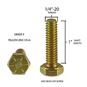 1/4"-20 X 1 Inch Bolts Hex Head Cap Screw, Nuts, Washers, Grade 8, COARSE, Yellow-Zinc (Multi-Packs)