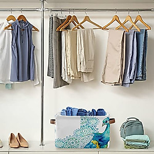 Blue Peacock Flower Square Storage Basket Storage Bins Canvas Storage Organizer Closet Shelf Organizer for Home Office, 1 Pc