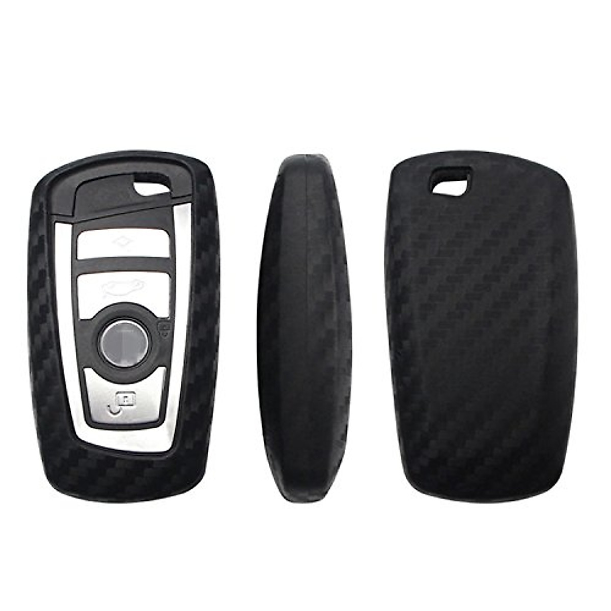 M.JVisun Soft Silicone Rubber Carbon Fiber Texture Cover Protector for BMW Key Fob, Car Remote Key Fob Case for BMW 1-Series 2 3 4 5 6 7 Series X3 X4 M2 M3 M4 M5 M6 - Black - Round Keychain