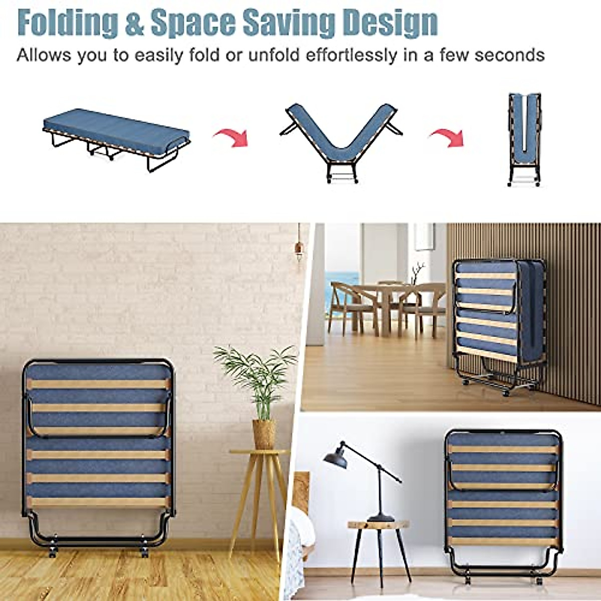 Giantex Folding Bed with 3" Mattress for Adults, Made in Italy, Rolling Foldaway Guest Bed, Memory Foam Mattress, Sturdy Metal Frame, Cot Size Portable Foldable Hideaway Bed, Easy to Store (Blue)