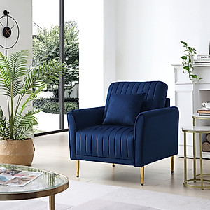 LIADTOP Velvet Accent, Modern Living Armchair Comfy Upholstered Single Sofa Chair for Bedroom Dorms Reading Reception Room with Gold Legs & Small Pillow,Navy, Blue