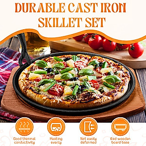 Mimorou 4 Sets Cast Iron Fajita Plate Set 9.84'' Steak Plate Sizzling Pan with Wooden Base and Gripper for Home Restaurant Kitchen Catering Cooking for Grilling Meats Seafood