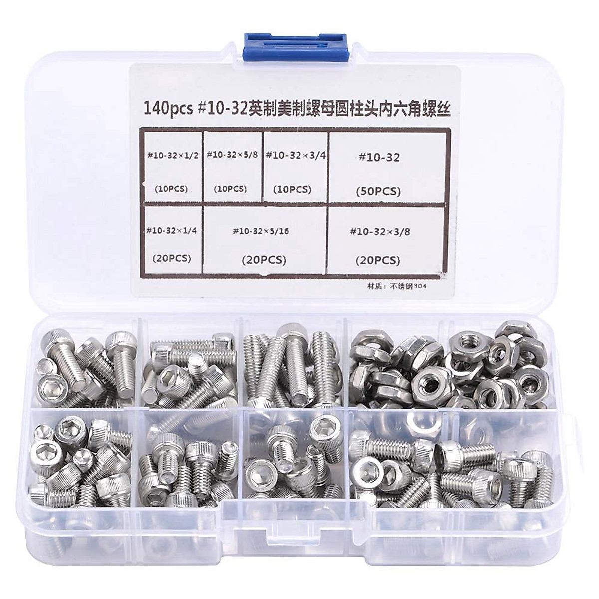 140Pcs #10-32 Stainless Steel Hex Socket Cap Hd Bos Hex Screw Assoment Kit, with Plastic Storage Box