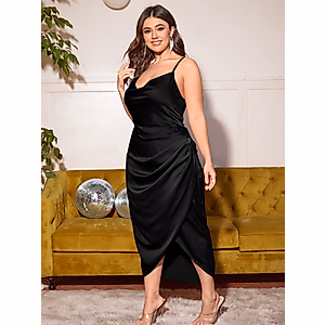 Floerns Women's Plus Size Satin Spaghetti Strap Cowl Neck Wrap Party Cami Dress Black 3XL