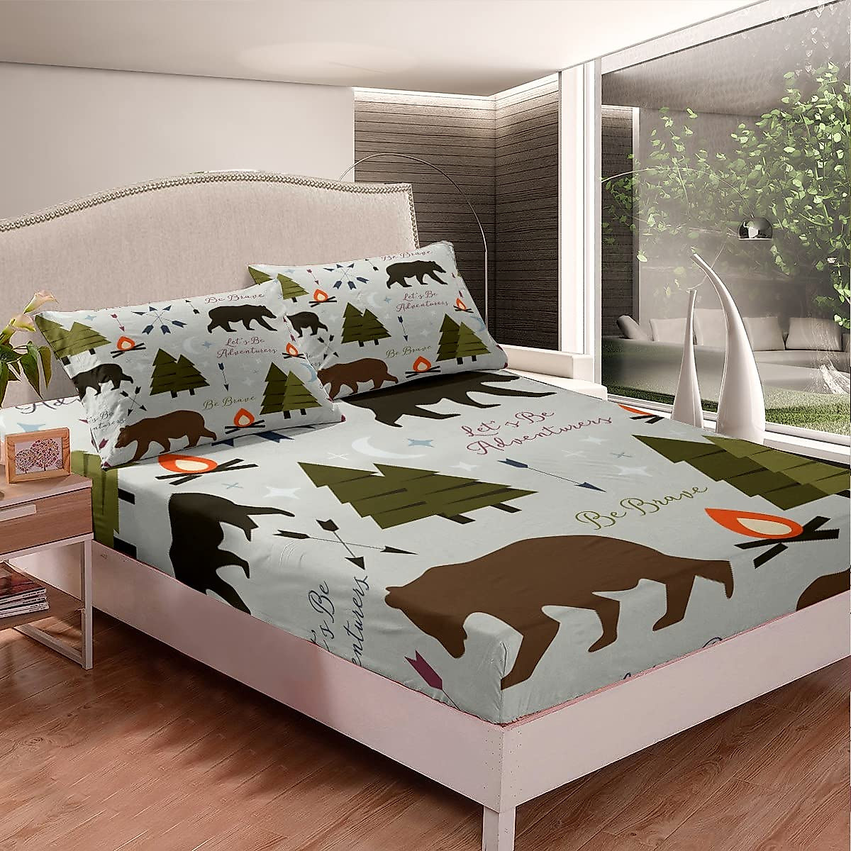 Happy Camping Fitted Sheet Twin Size Hunt Bear Pine Trees Bedding Set for Kids Boys Men Adults Cabin Room Decor Campfire Arrow Cartoon Bed Sheet Wild Outdoor Adventure Deep Pocket Sheet 2pcs