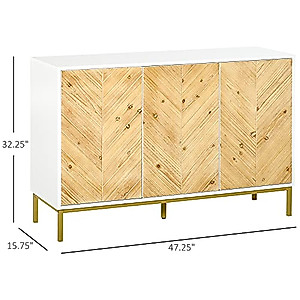 HOMCOM 3 Door Sideboard Buffet Cabinet, Kitchen Cabinet, Coffee Bar Cabinet with Chevron Pattern, Adjustable Shelf and Metal Legs, Natural Wood