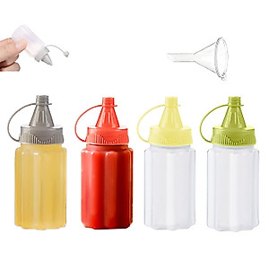 THYULIFE 4 Pack Mini Ketchup Bottles with Funnel, 25ml, BPA Free, Leakproof, Portable, Refillable, Suitable for BBQ, Kitchen, Picnic, Wedding, Luncheon, Salad Dressing, Syrups, Oil, Vinegar