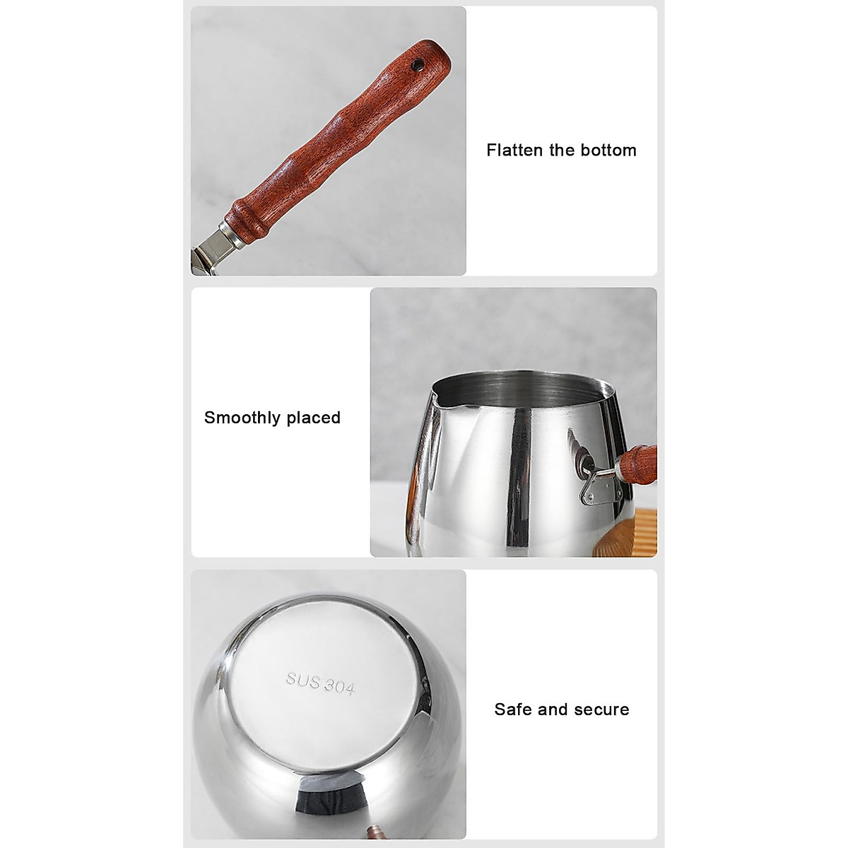 SUNGOOYUE Portable Mini Milk Warmer Pot 304 Stainless Wooden Handle Pointed Spout, Stainless Steel Butter Warmer Pan for Home Outdoor Picnic Cooking Pouring (300ML)