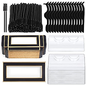 175 Pieces Lash Packaging Wholesale, Include 30 Empty Eyelashes Packaging Box, 30 False Lash Trays, 15 Eyelash Tweezers and 100 Eyelash Brush Mascara Wands Disposable (Black)