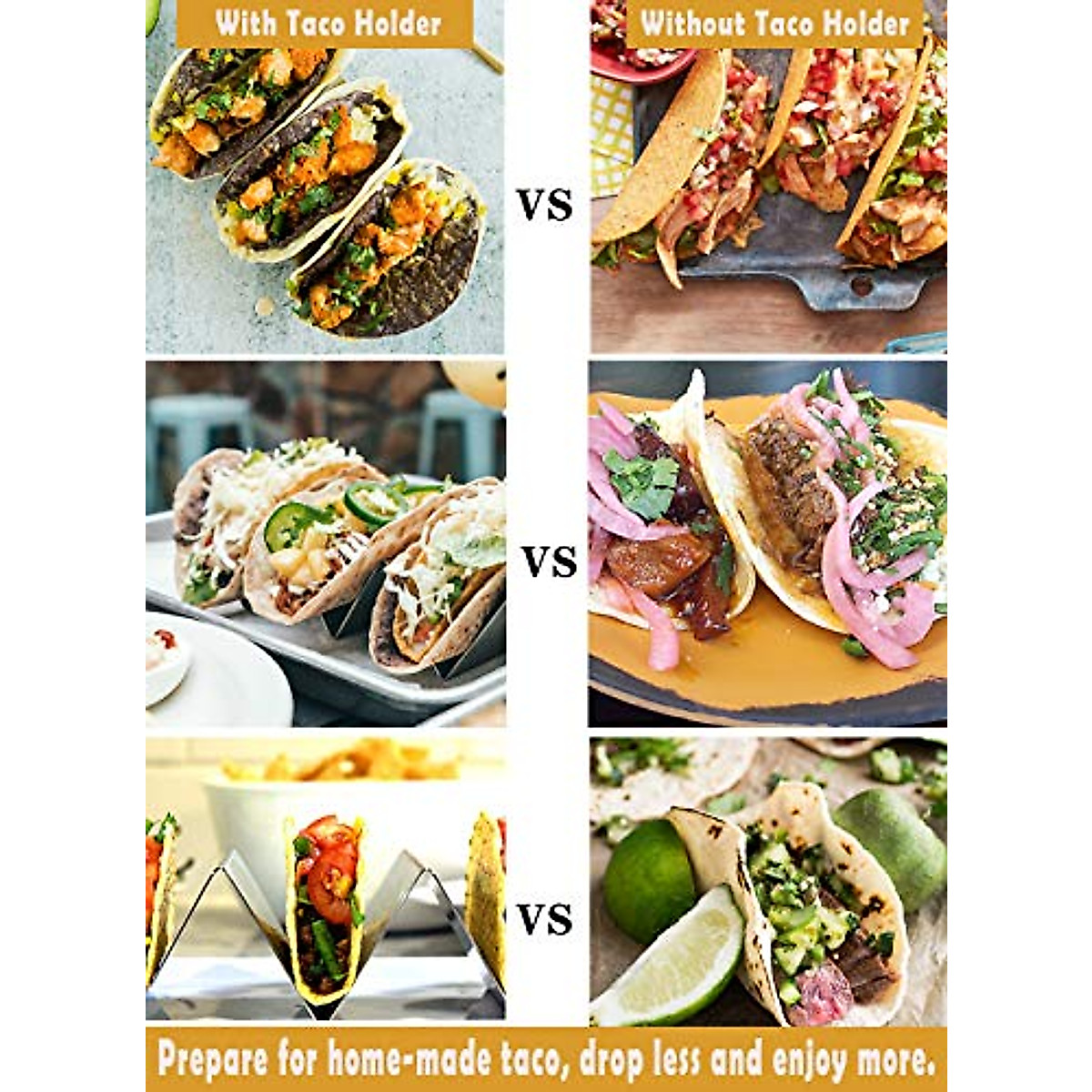 Taco Holders Stainless Steel Set of 4, Oven&Grill&Dishwasher Safe, Taco Accessories for Taco Tuesday Party, Easy-To-Hold Handle, Smooth Edge for Safe Use