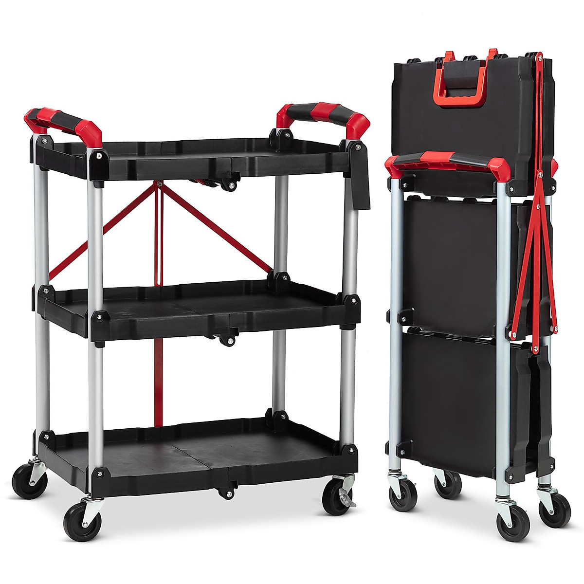 Portable Folding Service Cart,PioneerWorks 3 Tier Collapsible Push Cart,56 lbs Load Capacity/Shelf.Lockable Wheels,Ideal Rolling Tool Storage Organizer for Garage,Workshop & Industrial Use.