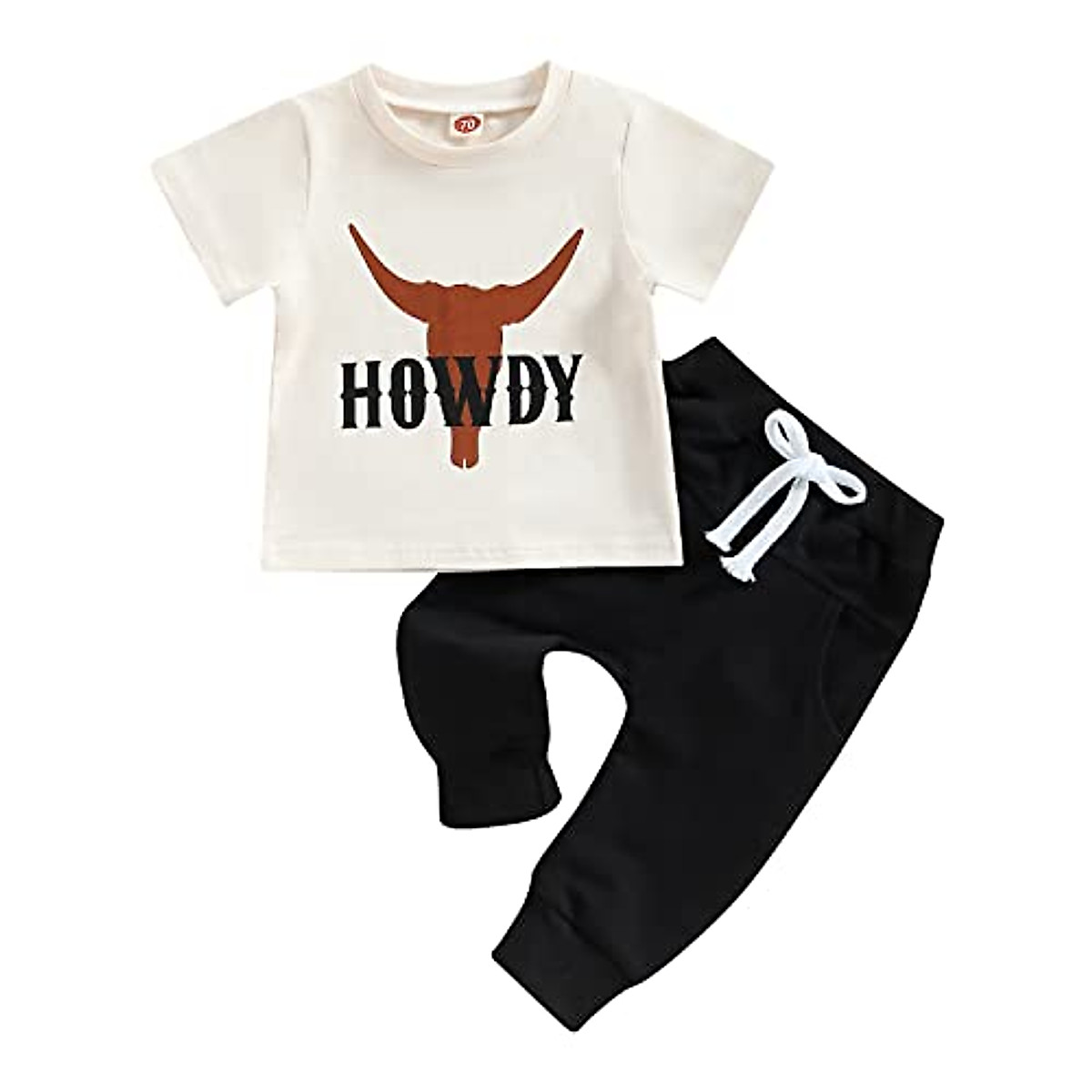 GOOCHEER Western Baby Boy Clothes Summer Outfit Cow Letter Short Sleeve T-shirt Tops and Jogger Pants 2PCS Clothes Set Toddler Boys (Beige Black, 12-18 Months)