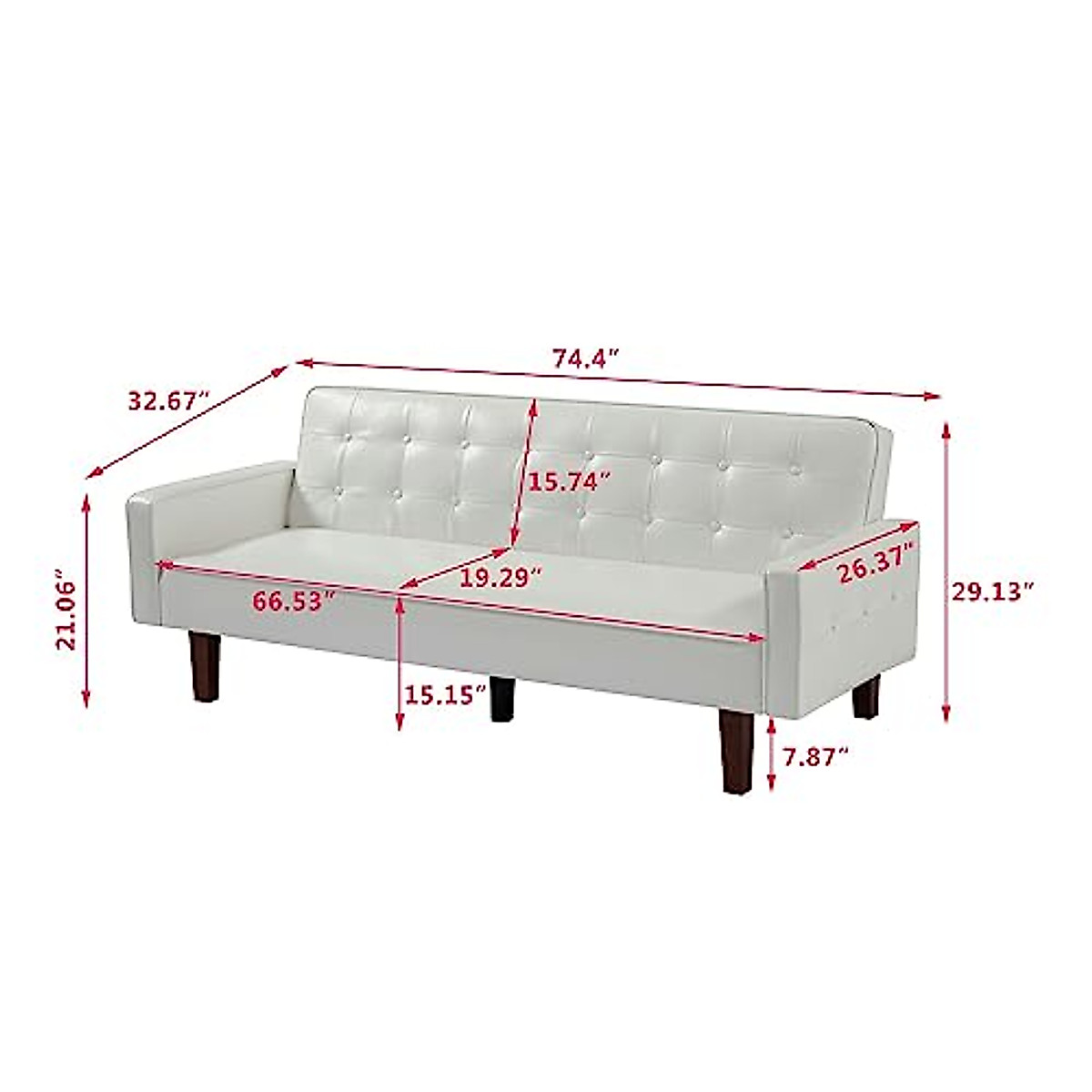 Lunanniu Vegan Leather Sofa Bed Sleeper Couch 74.4 Inch Convertible Loveseat Size for Small Space 3 Seater Chesterfield Button Tufted for Office Apartment Dorm Living Room White