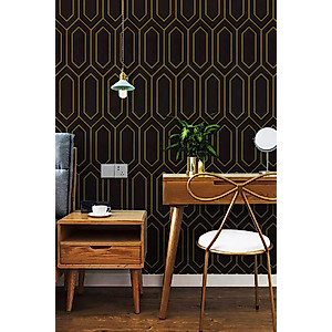 Safiyya Peel and Stick Wallpaper Geometric Wallpaper Gold and Black Contact Paper Gold Black Textured Wallpaper Self Adhesive Removable Wallpaper for Wall Furniture Vinyl Roll 118"x17.3"