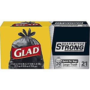 GLAD Strong Quick-Tie Large Trash Bags, 30 Gallon Bags for Large Kitchen Trash Can, 21 Count (Package May Vary)