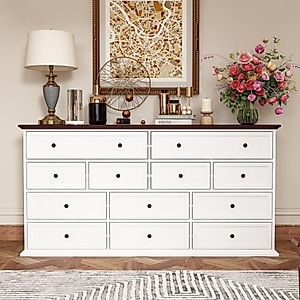 ECACAD Vintage Storage Dresser with 12 Drawers & Brown Top, 61" L Wood Double Dresser Chest of Drawers with Metal Handles for Bedroom, Living Room, White
