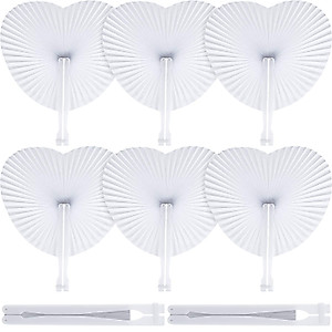 Blulu 60 Pack Folding Hand Fan Wedding Fans for Guests White Paper Fans for Wedding Favors Heart Shaped Assortment with Plastic Handle for Birthday Party Supplies Wedding Decorations