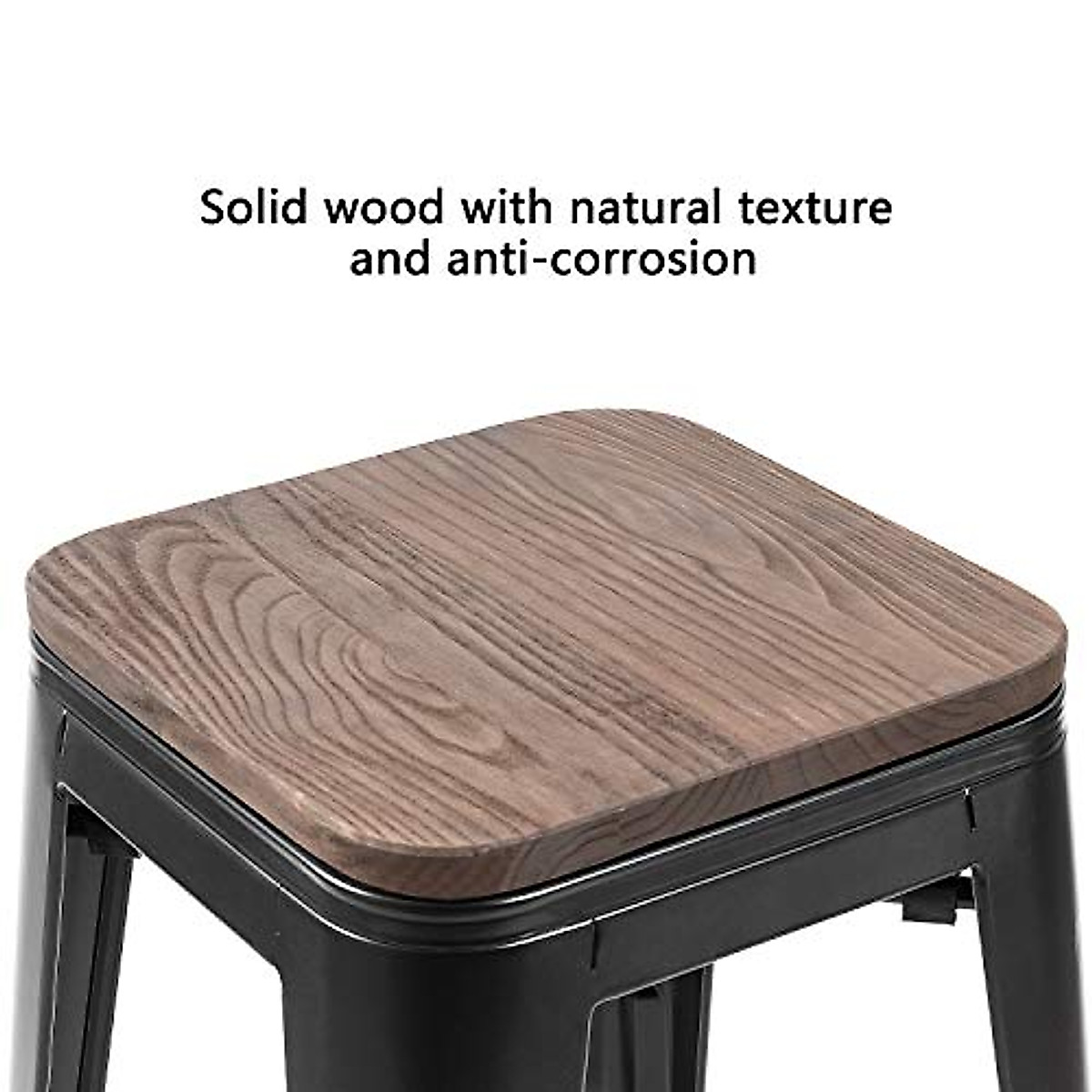 JUMMICO Metal Bar Stools Indoor Outdoor Stackable Modern 24 Inches Metal Counter Height Industrial Barstools with Wooden Seat Set of 4 (Black)