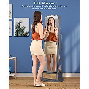 Dystler Full-Length Mirror Jewelry Cabinet: 360°Swivel Jewelry Armoire Cabinet with LED Lights - Built in Vanity Mirror Lockable Standing Jewelry Organizer with Large Capacity Shelves& Drawer Grey
