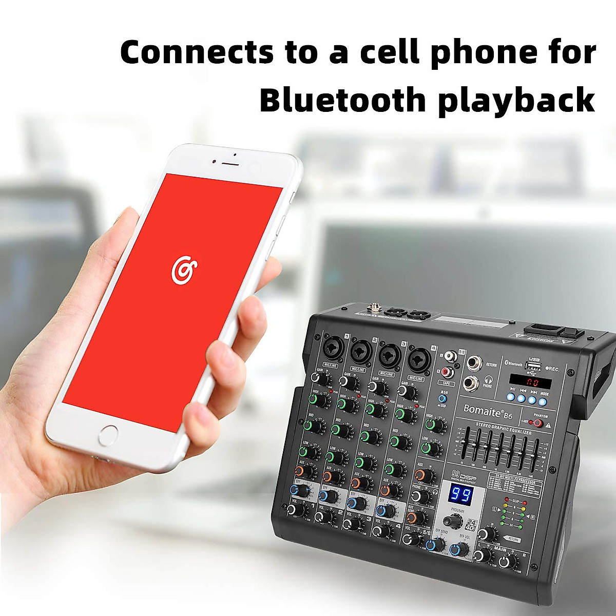 8-Channel Mixer 99 Effects 7 Band EQ Bluetooth Studio Audio Mixer for PC Recording Input, XLR Microphone Jack, 48V Power, for Professional and Beginners-Bomaite B8, Black