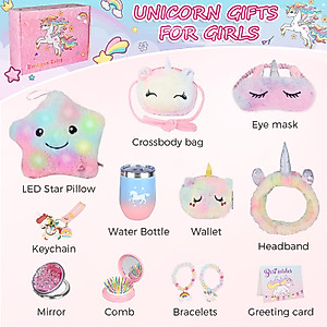 Ingbear Unicorn Toys for Girls Age 4-6 7 8, Girls Birthday Gifts with Light Up Plush Stars Pillow/Crossbody Bag/Water Bottle/Headband/Soft Plush Toys Set for Teens Christmas