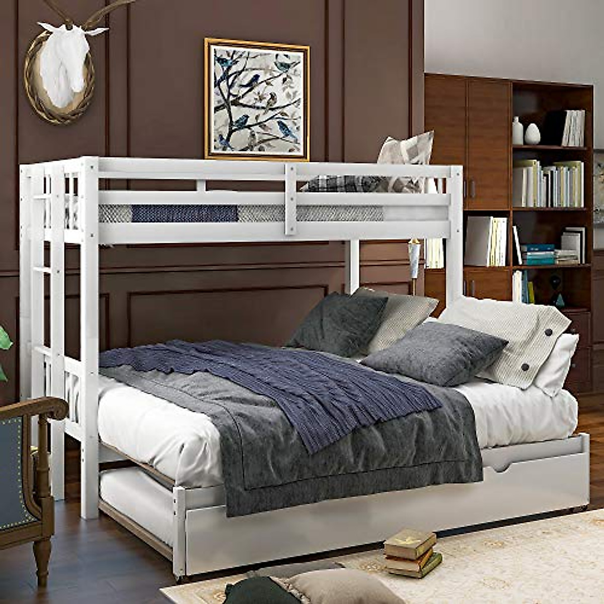 KLMM Twin Over Pull-Out Bunk Bed with Trundle, Wooden Twin Over Twin/Full/Queen/King Accommodate 4 People Extendable Bunk Beds with Ladder and Safety Rail (White)