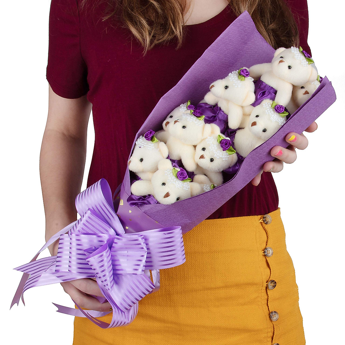 Deluxe Christmas Purple Teddy Bear Bouquet in Gift Box - One Dozen Long Stemmed Rose Stuffed Plush Bears w Tutus -Gift Wrapped Bow & Ribbon- Great X-Mas Gift for Kids, Girlfriend, Boyfriend, Loved One