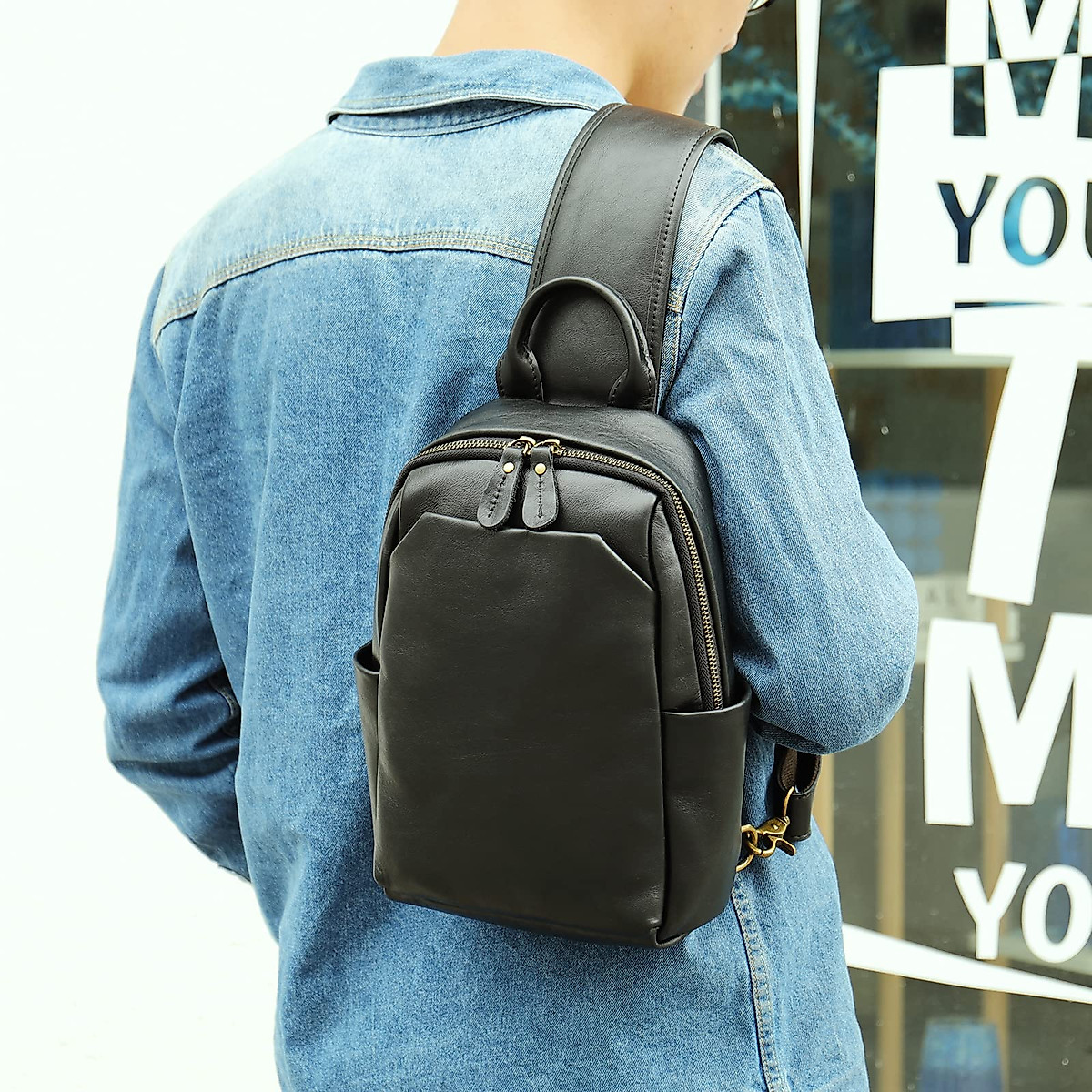 NIUCUNZH Soft Genuine Leather Crossbody Sling Bag Lightweight One Shoulder Small Backpack with Wide Comfortable Leather Strap Black