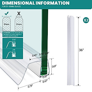 Bathroom Shower Glass Door Bottom Seal Strip, 2PCS 36 Inch Long Clear PVC Seal Strips for 5/16"(8mm) - 3/8"(10mm) Thick Framless Glass Door Panel