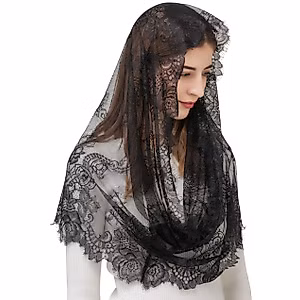 PAMOR Spanish Style Lace Traditional Vintage Inspired Infinity Shape Mantilla Veil Latin Mass Head Covering (Black)